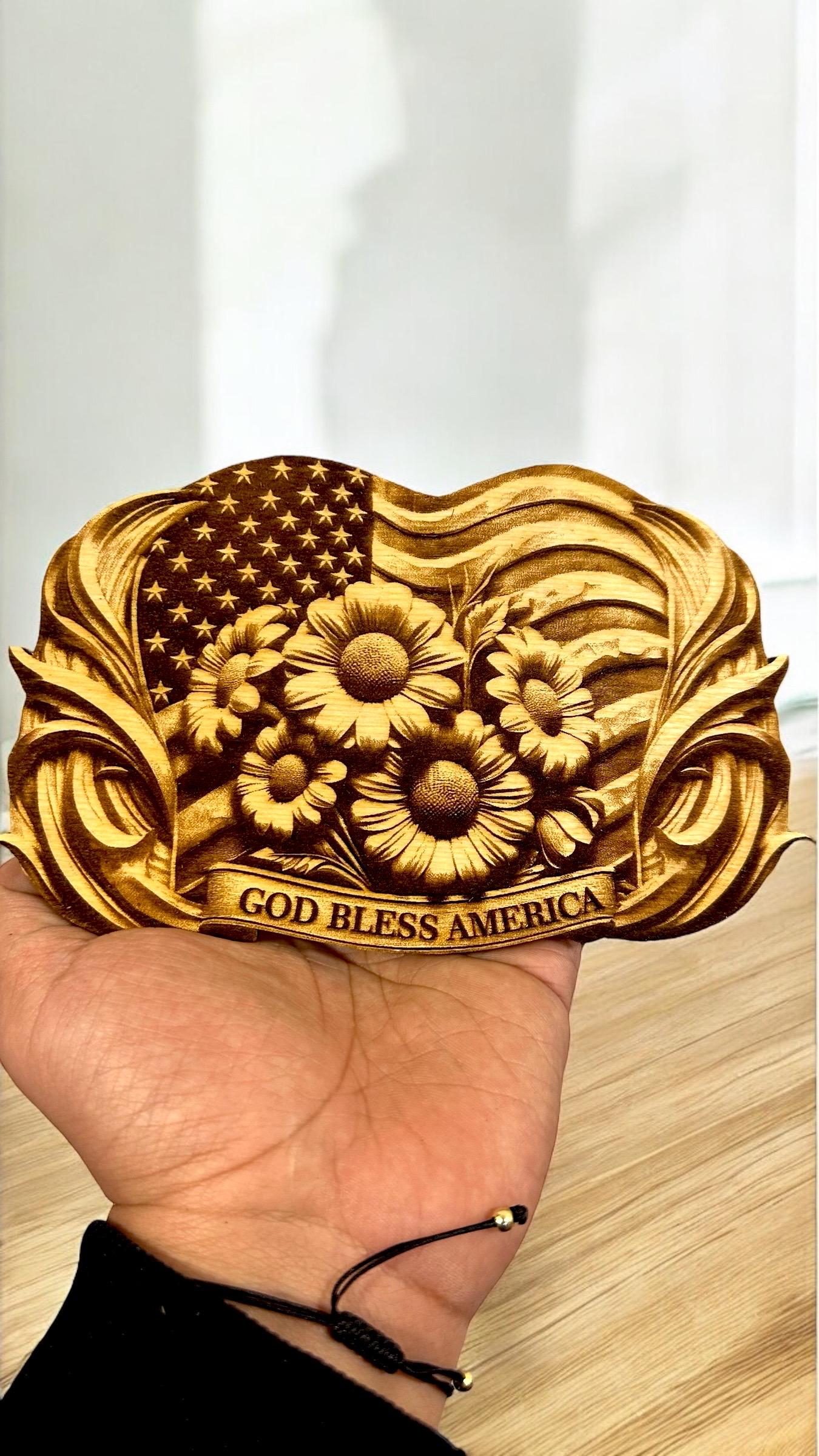 God Bless America Floral American Flag 3D Illusion Laser Engraving ...