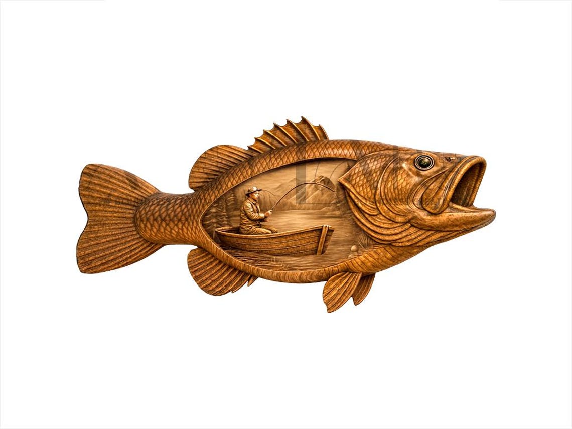 Bass Fish 3D Illusion Laser Engraving Design L Nature-inspired Double ...