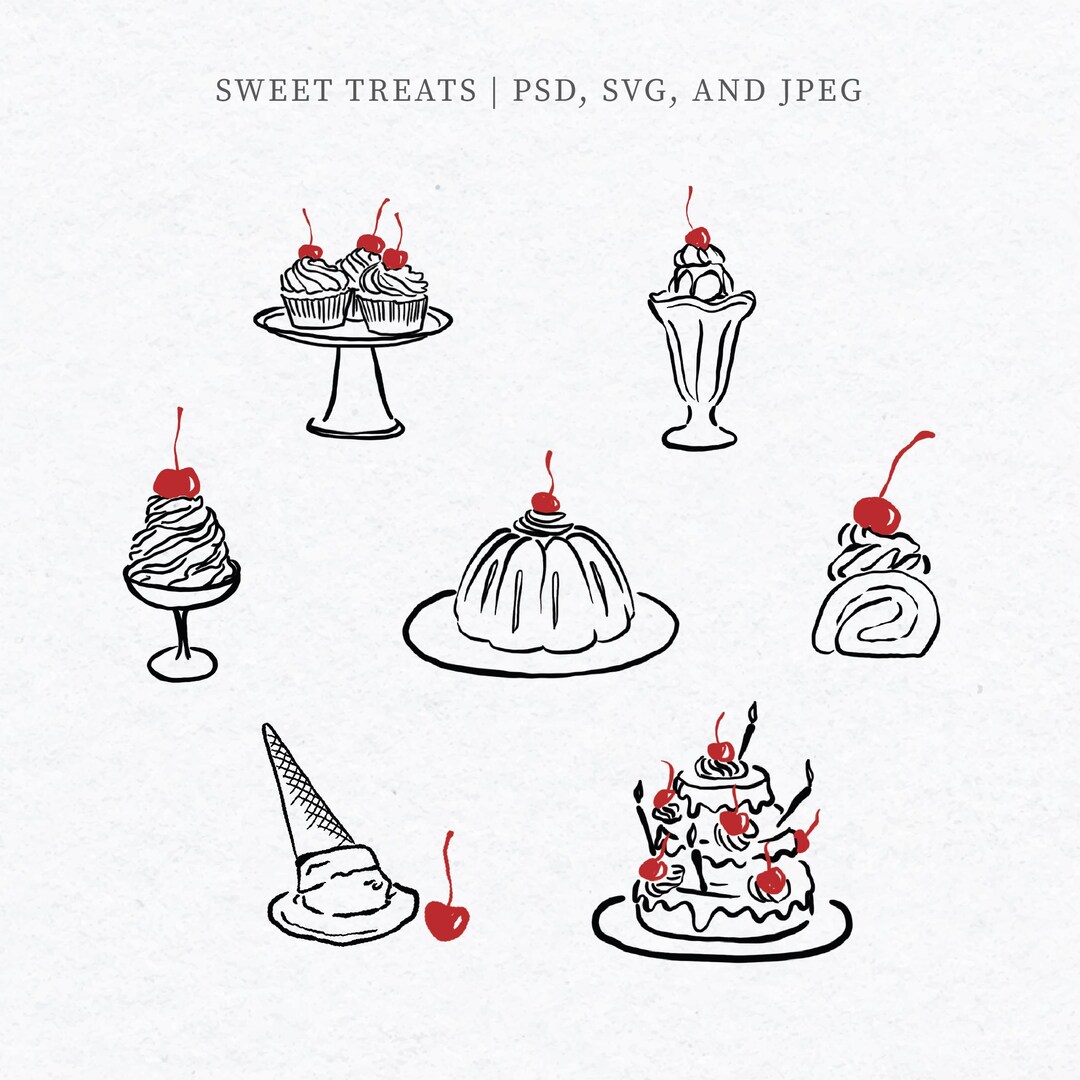 Sweet Treats Icons, Hand Drawn Ice Cream Clipart, Ice Cream Sundae ...