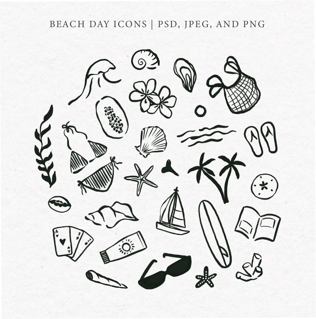 Beach Day Clipart Icons, Hand Drawn Elements, Seaside, Ocean ...