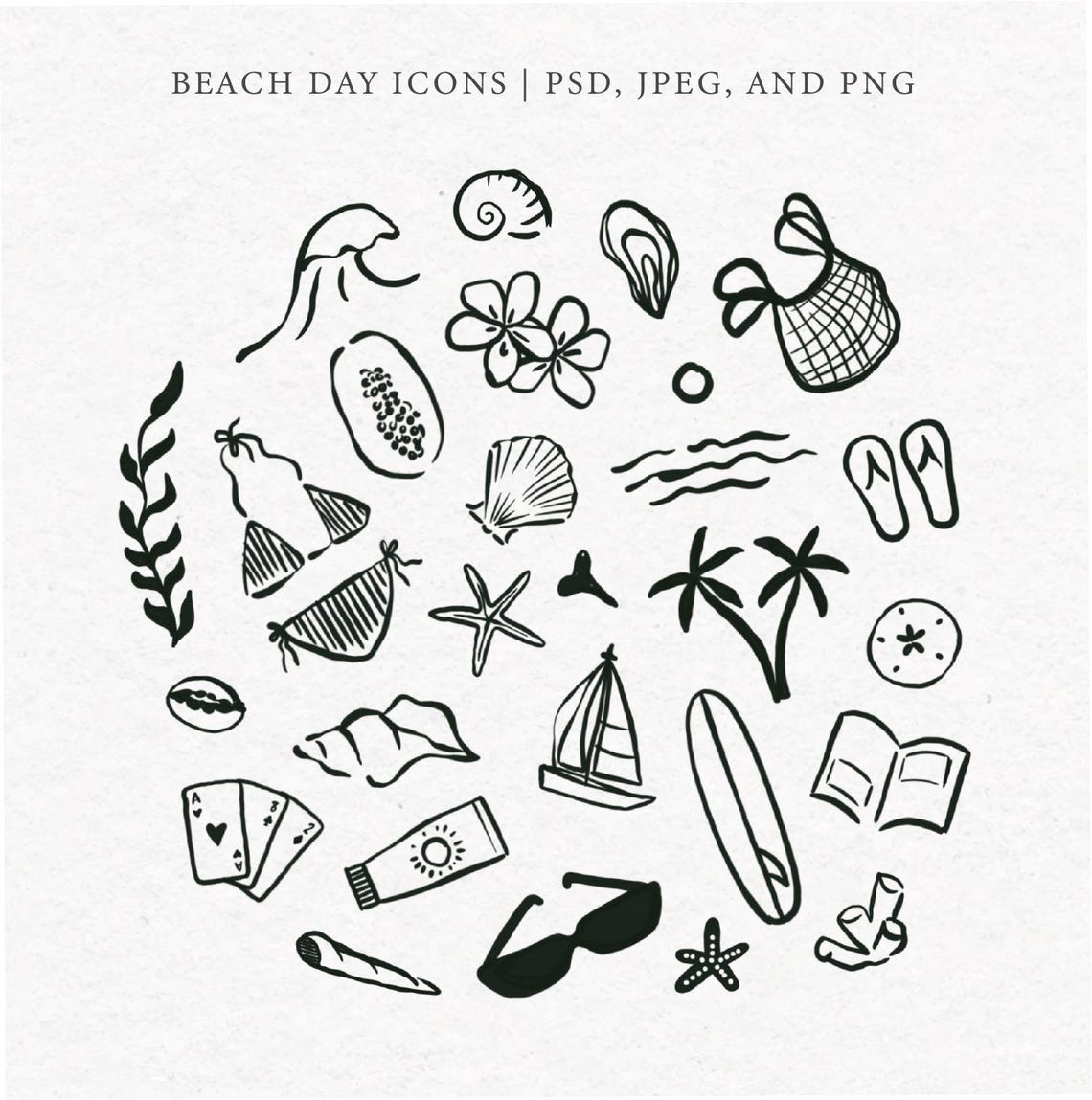 Beach Day Clipart Icons, Hand Drawn Elements, Seaside, Ocean ...