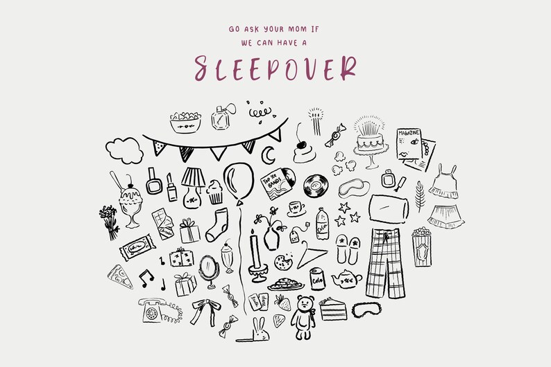 Sleepover Party Line Art Clipart – Girls Slumber Party Bundle | Pajama ...