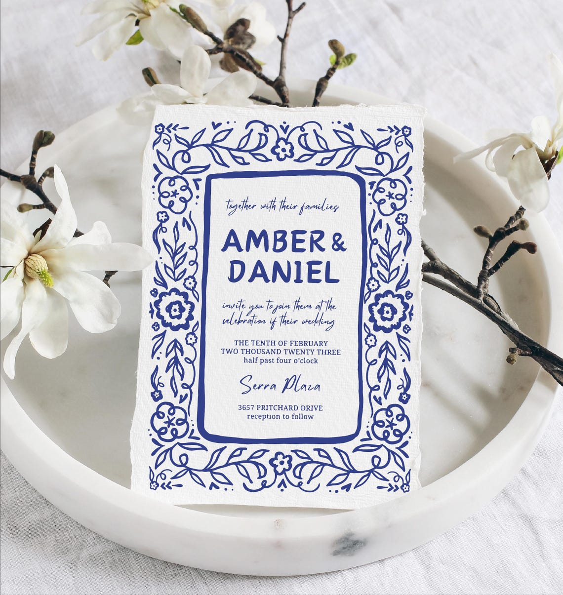 5x7 Blue Floral Wedding Invitation Template, Artsy Wedding Invites ...