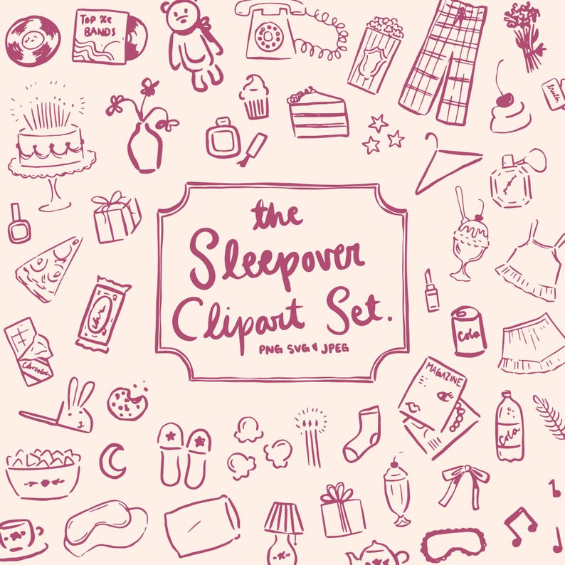 Sleepover Party Line Art Clipart – Girls Slumber Party Bundle | Pajama ...