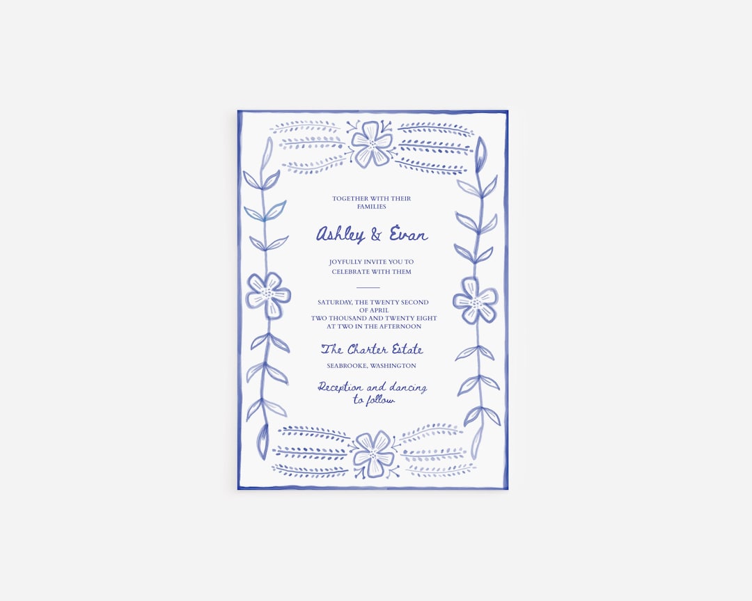 Blue Watercolor Wedding Invitation Template 2, Wedding Invitation ...