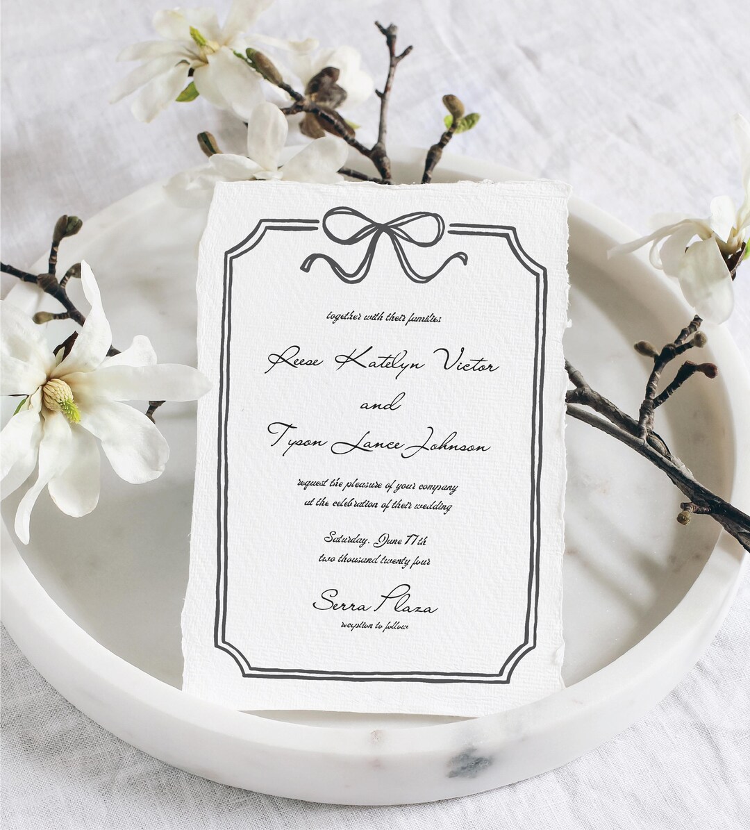 5x7 Ribbon Boarder WEDDING INVITATION, Bow Invitation Frame, Hand-drawn ...