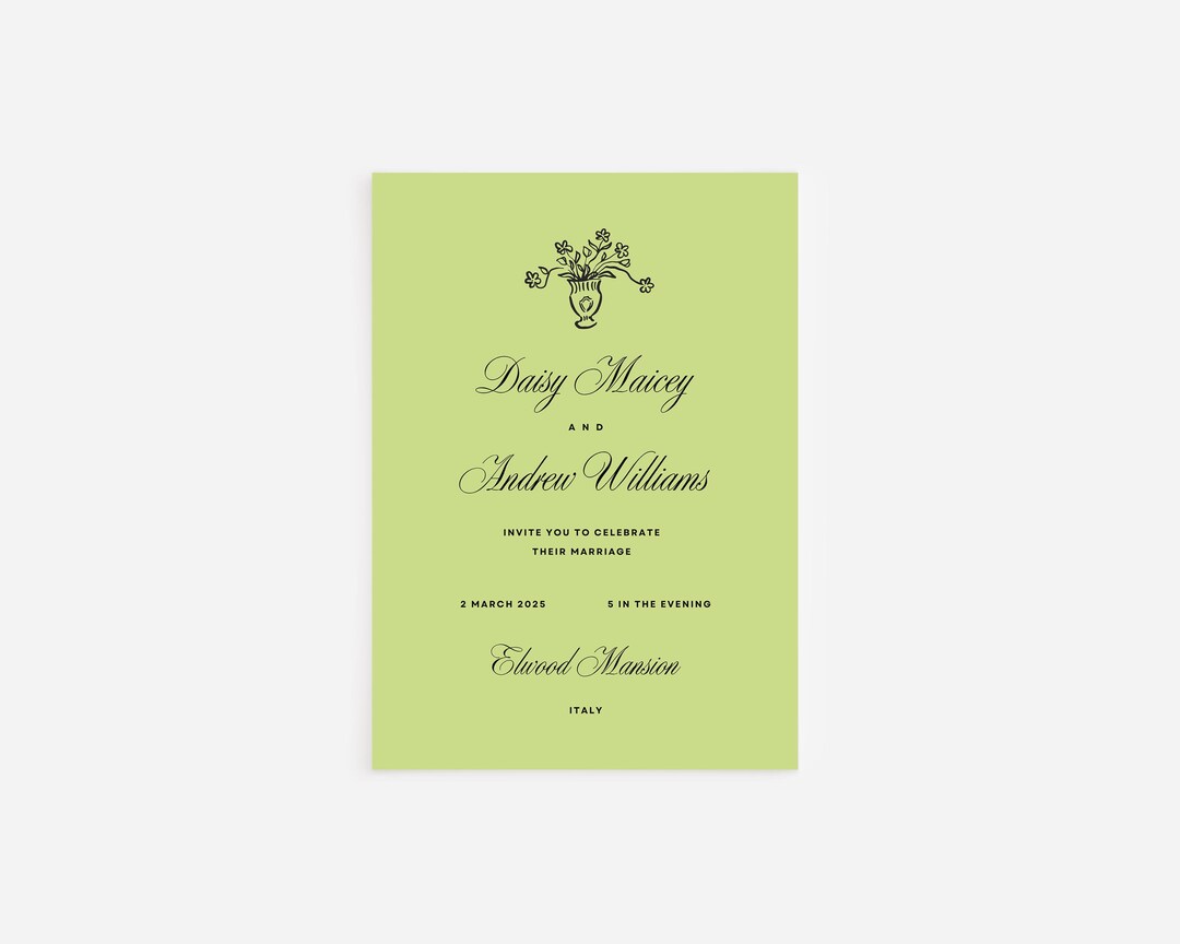 Green Vintage Wedding Invitation Template - Elegant Italic Script ...