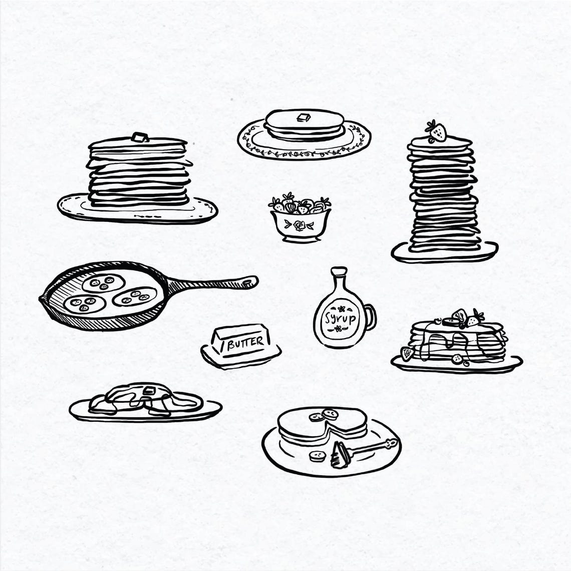 Pancake Clipart, Hand Drawn Digital PNG, Vintage Pancake Set, Hand ...