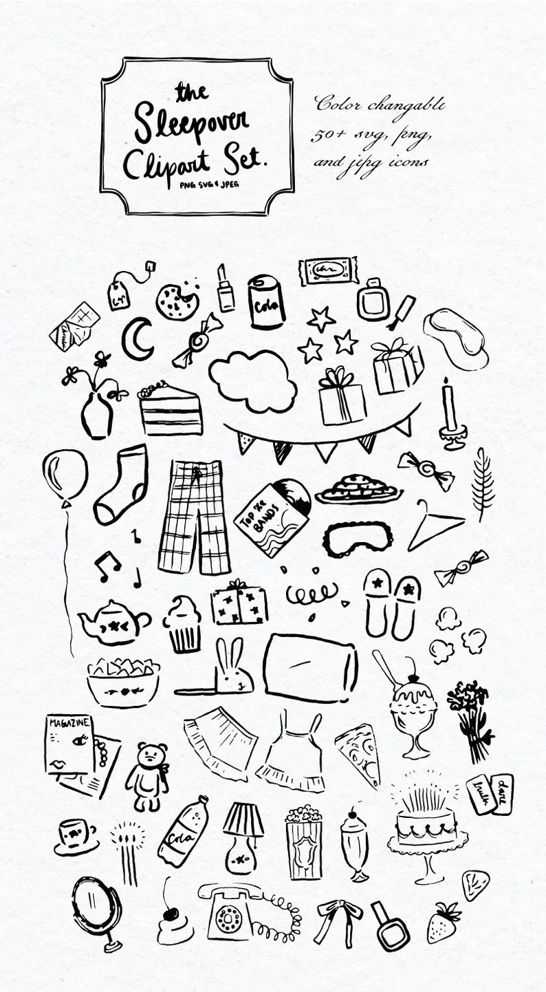 Sleepover Party Line Art Clipart – Girls Slumber Party Bundle | Pajama ...