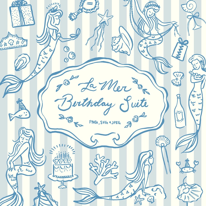 Hand Drawn Mermaid Birthday Clipart SVG PNG JPEG | Coastal Bachelorette ...