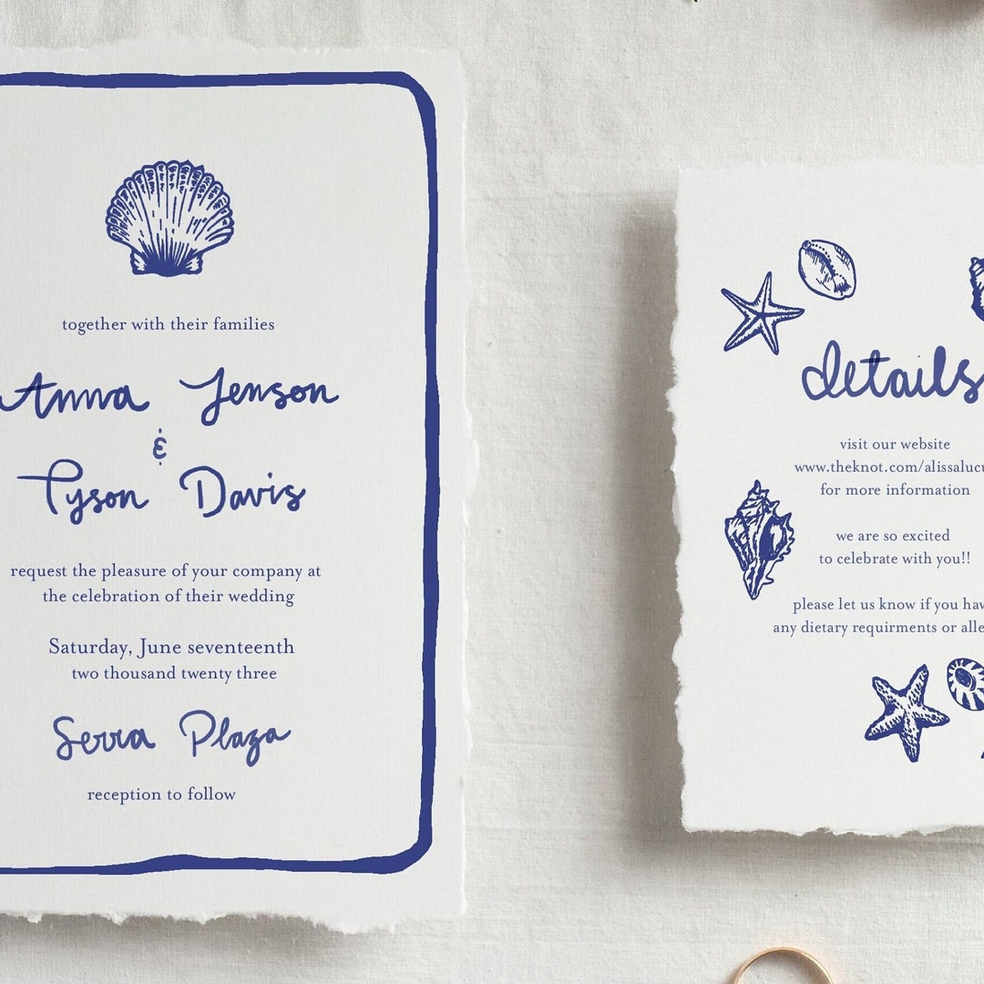 WEDDING INVITATION SET Beach Wedding Suite Hand Written Hand Drawn Sea Shell Wedding Beach ...