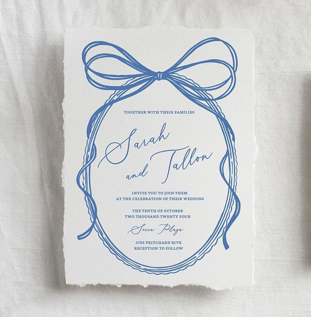5x7 Blue Ribbon Invitation, Hand-drawn Wedding Clipart, Bow, Borders ...