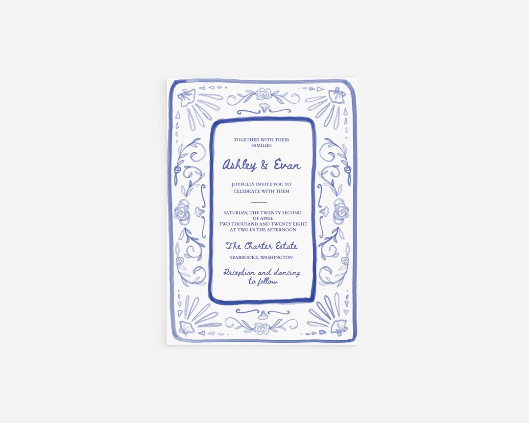 Blue Watercolor Wedding Invitation Template 3, Wedding Invitation ...