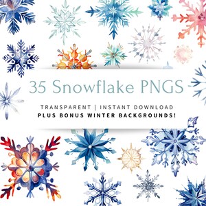 35 Winter Snowflakes Clipart PNG, Digital Winter Watercolor Snow ...