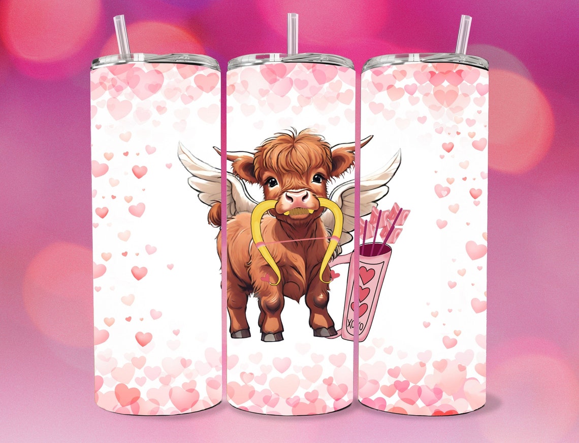 Valentine Highland Cow Pink Cupid Skinny Tumbler Wrap 20oz Sublimation ...