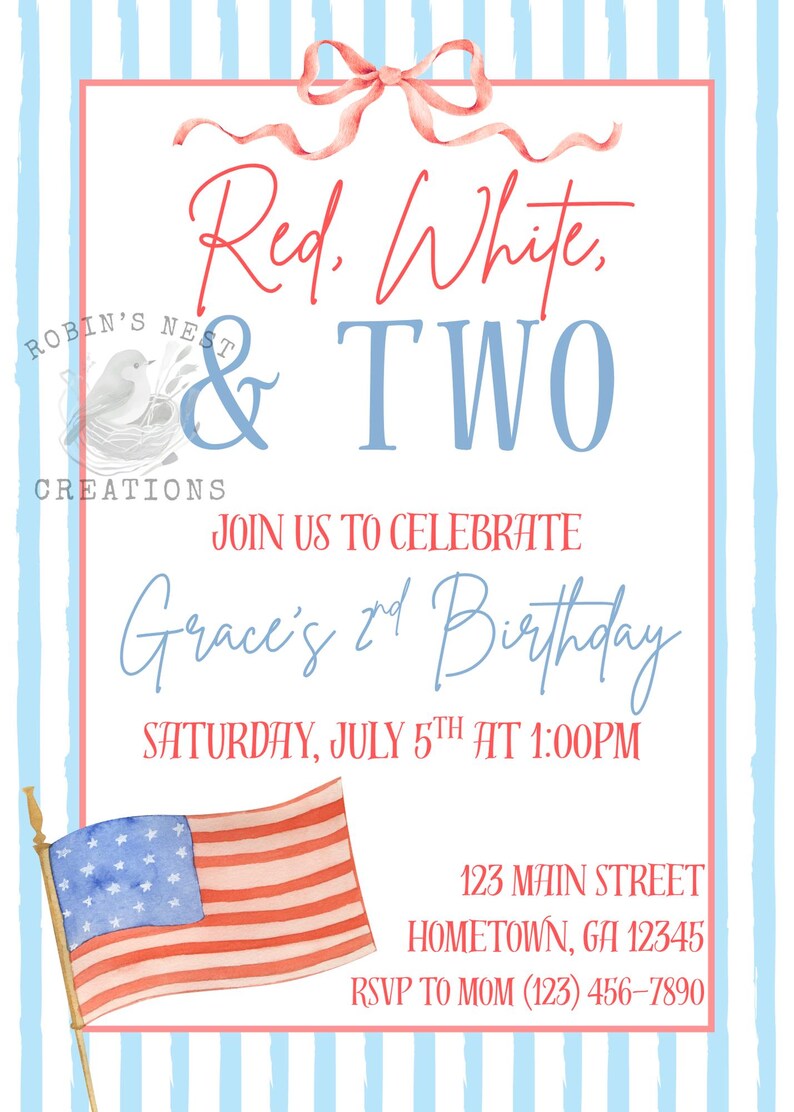 Red, White, and TWO Birthday Party Customized Invitation, 2nd Birthday ...