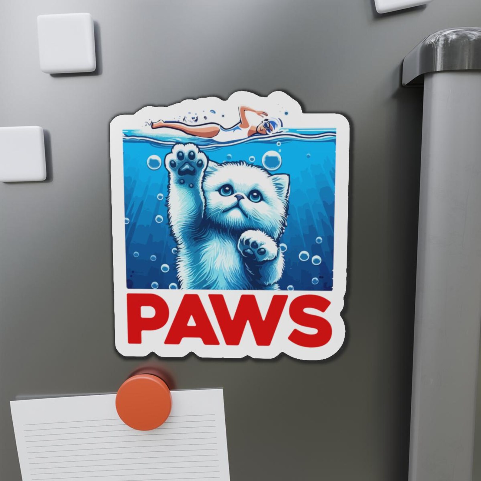 Paws Funny Cat Fridge Magnet, 80s Nostalgia Horror Movie Jaw Shark ...