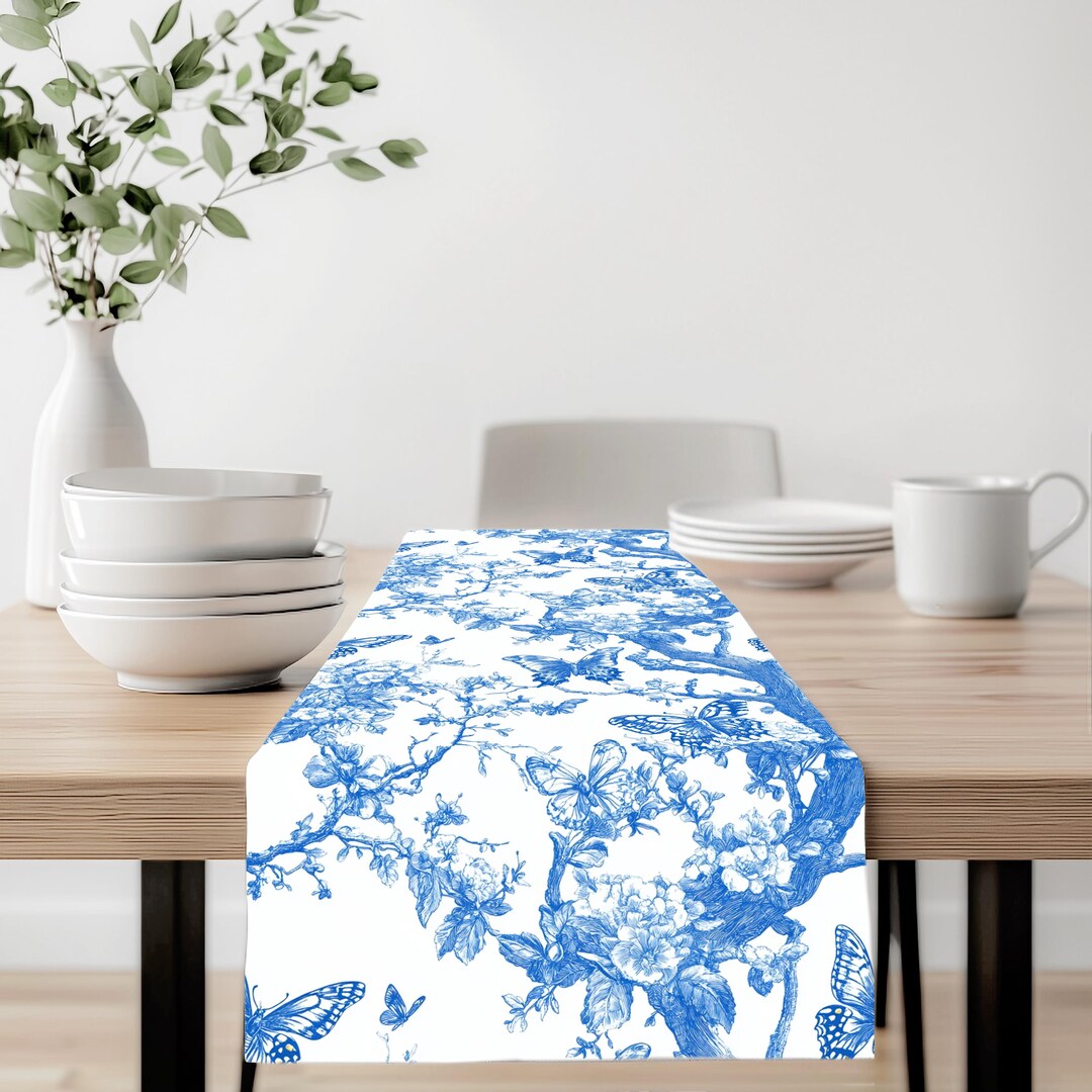 Blue Butterfly Toile Table Runner, Floral Cotton Table Cloth ...