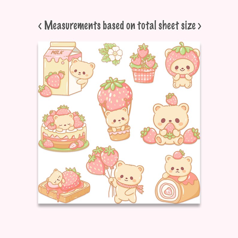 Kawaii Strawberry Bear Sticker Set, Cute Stickers, Water Resistant ...