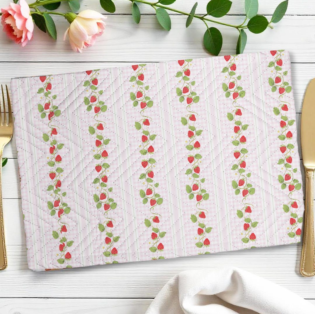 Pink Strawberry Quilted Placemat, Gingham Plaid Table Decor, Farmhouse ...