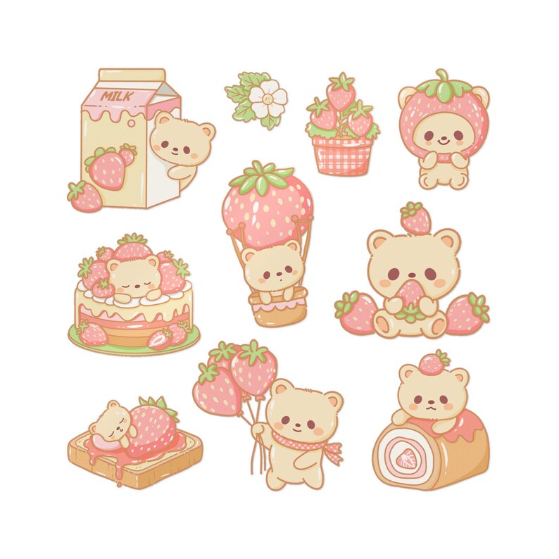 Kawaii Strawberry Bear Sticker Set, Cute Stickers, Water Resistant ...