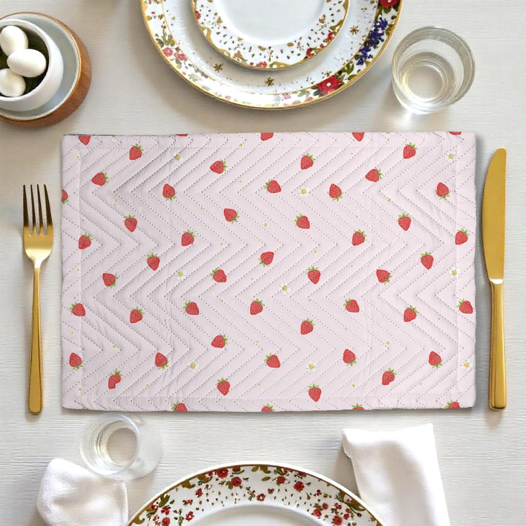 Pink Strawberry Quilted Placemat, Fruit Table Decor, Farmhouse Style ...