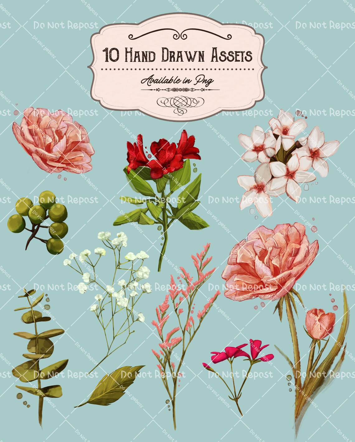 Floral Hand Drawn Clipart Flower Bundle Clipart Wedding - Etsy