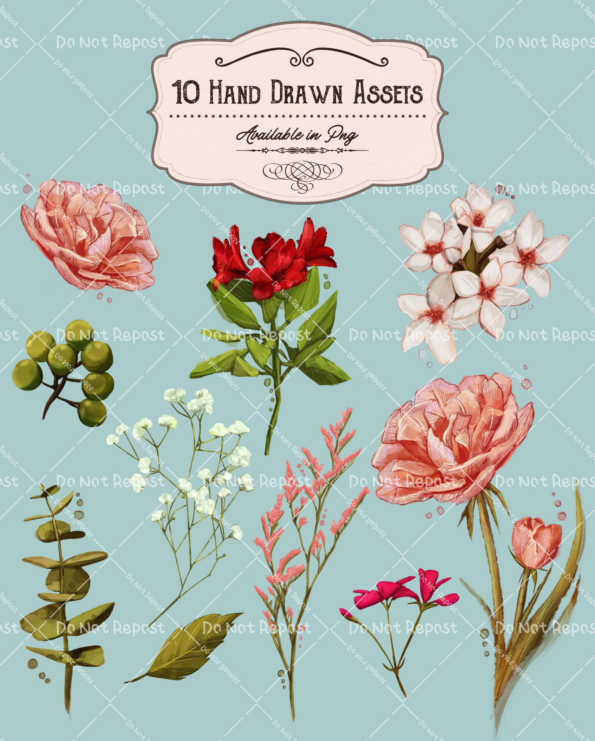 Floral Hand Drawn Clipart Flower Bundle Clipart Wedding - Etsy
