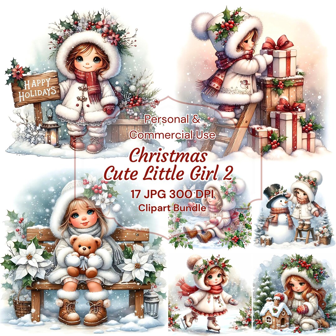 Christmas Girl Watercolor Clipart: Winter Holiday Illustrations (17 JPG ...