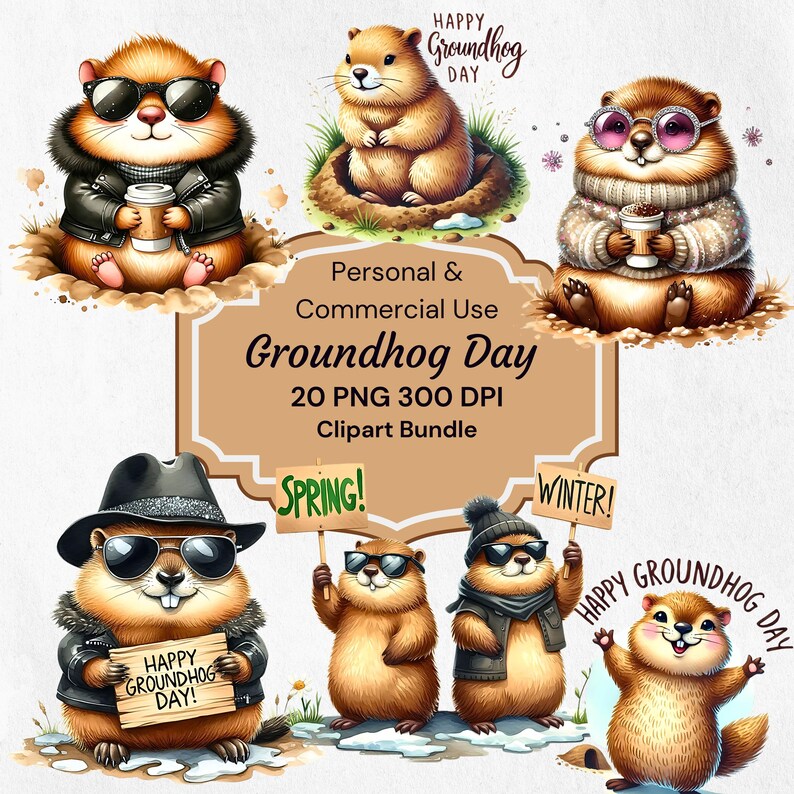 Groundhog Watercolor Clipart Bundle, Adorable Cute Groundhog, Groundhog ...