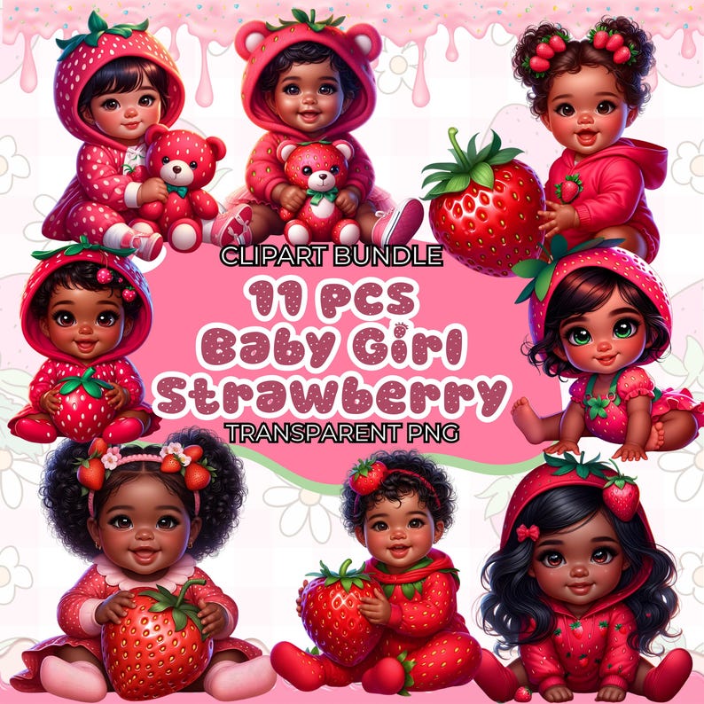Strawberry Afro Baby Girl Clipart PNG: Cute Pink Baby Shower Clipart ...