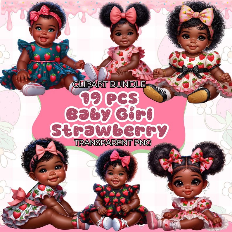 Strawberry Baby Girl Clipart: Pink Afro Baby Shower PNG, Cute African ...