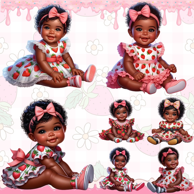 Strawberry Baby Girl Clipart: Pink Afro Baby Shower PNG, Cute African ...