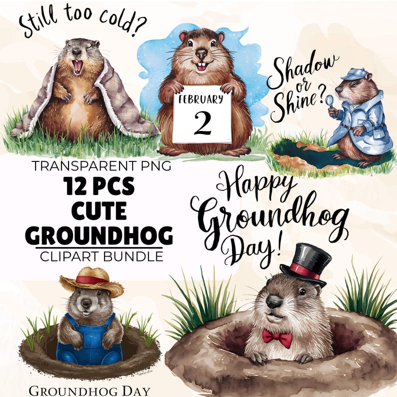 Watercolor Groundhog Day Clipart Bundle: Punxsutawney Phil PNG ...