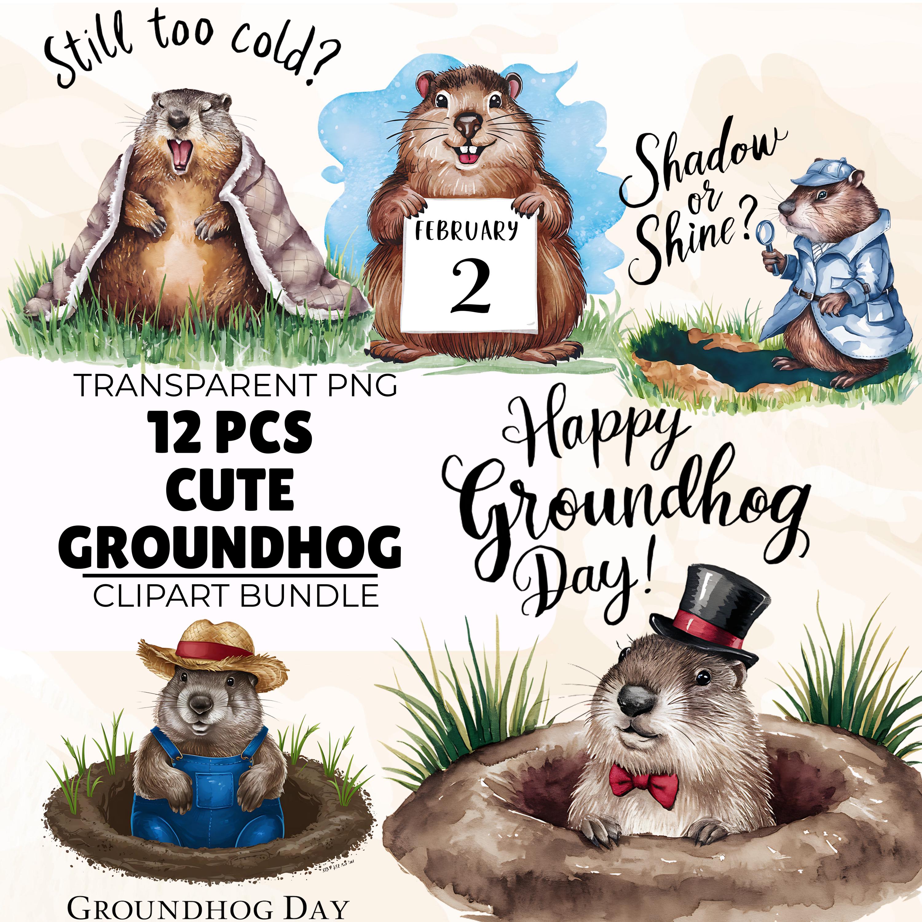 Watercolor Groundhog Day Clipart Bundle: Punxsutawney Phil PNG ...