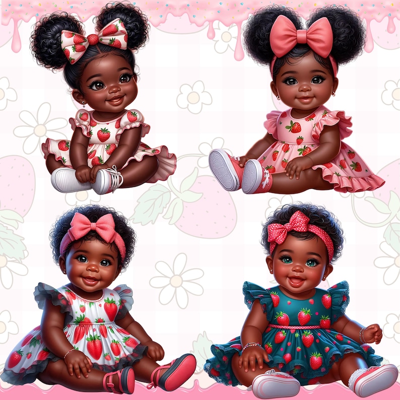 Strawberry Baby Girl Clipart: Pink Afro Baby Shower PNG, Cute African ...