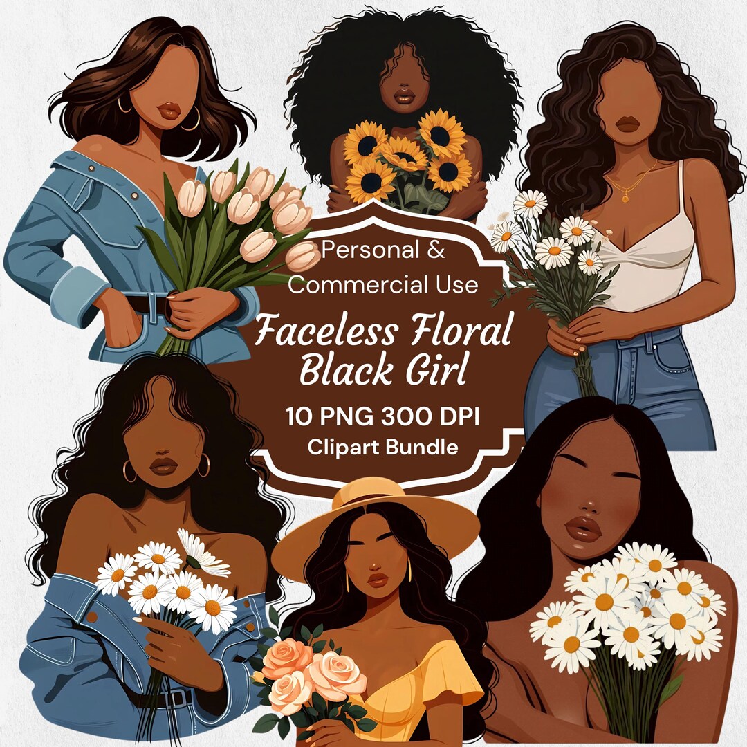 Floral Faceless Black Girl Clipart: Spring PNG Stickers (digital ...