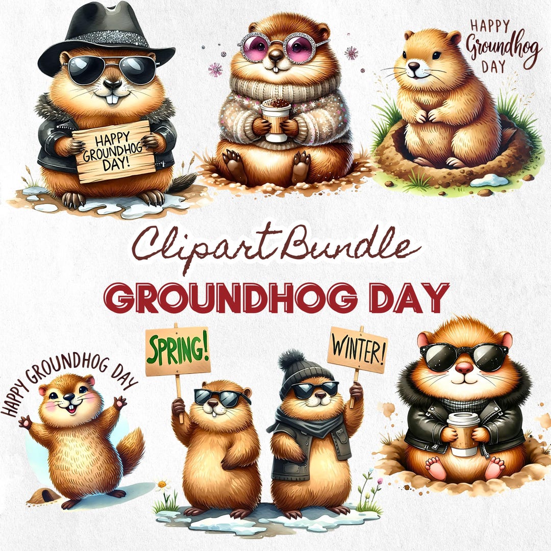 Groundhog Watercolor Clipart Bundle, Adorable Cute Groundhog, Groundhog ...