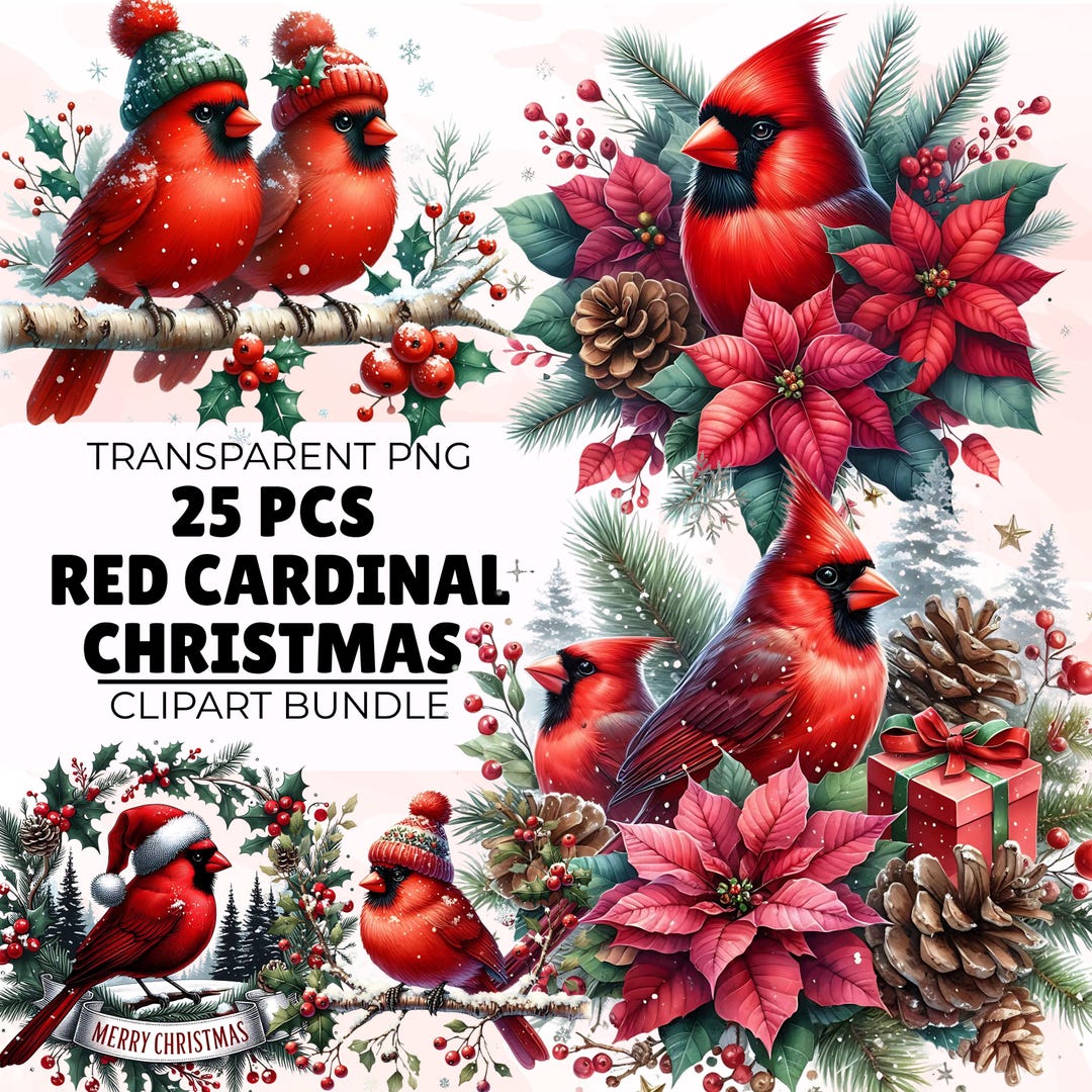 25 Watercolor Red Cardinal Clipart PNG Bundle, Winter Bird Clipart ...