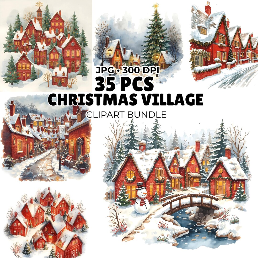 Watercolor Christmas Village Clipart: Holiday Card Art (digital ...