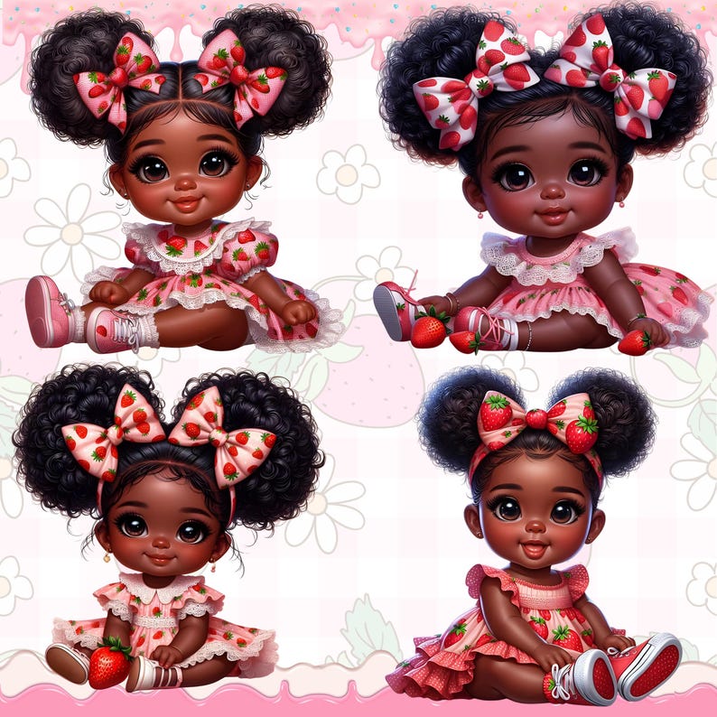 Strawberry Baby Girl Clipart: Pink Afro Baby Shower PNG, Cute African ...