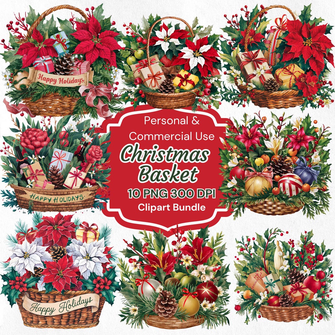 Christmas Baskets Clipart Bundle Png, Holiday Festive Gift Basket ...
