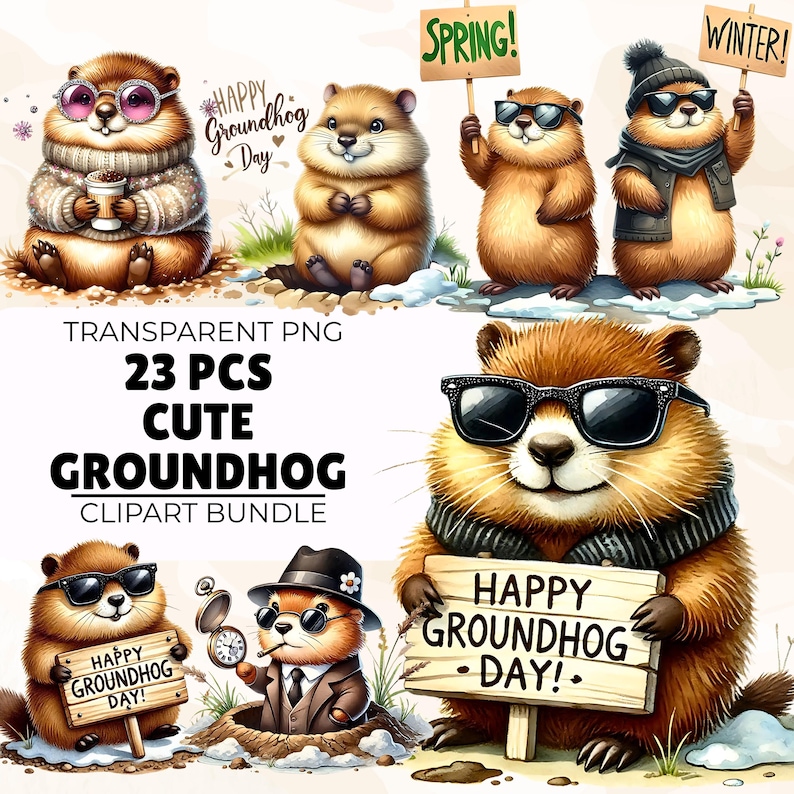 Groundhog Watercolor Clipart Bundle, Adorable Cute Groundhog, Groundhog ...