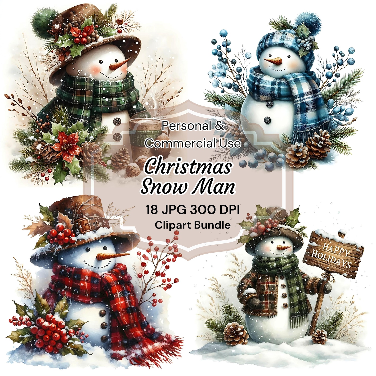 Vintage Christmas Snowman Clipart: Watercolor JPG Images (digital ...
