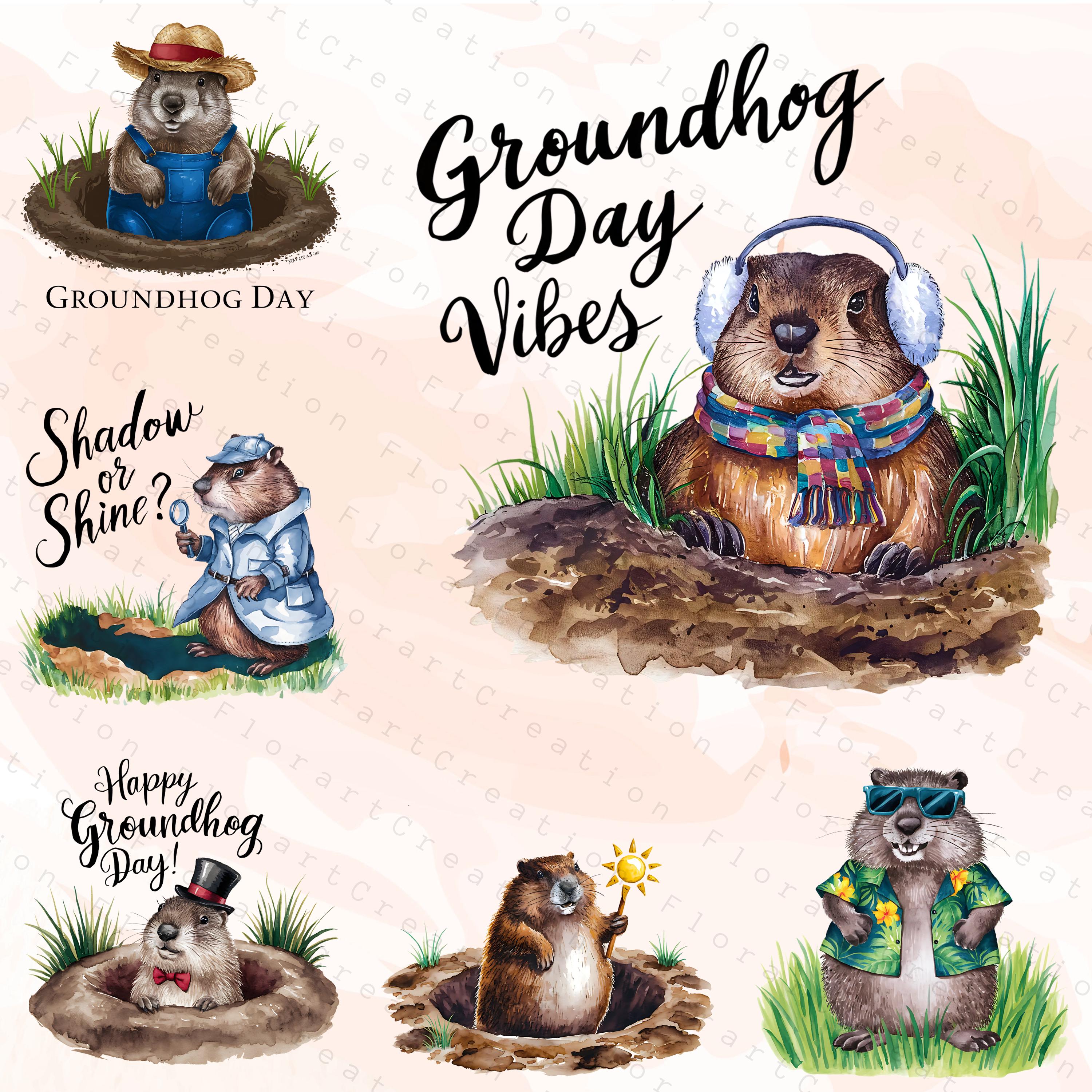 Watercolor Groundhog Day Clipart Bundle: Punxsutawney Phil PNG ...