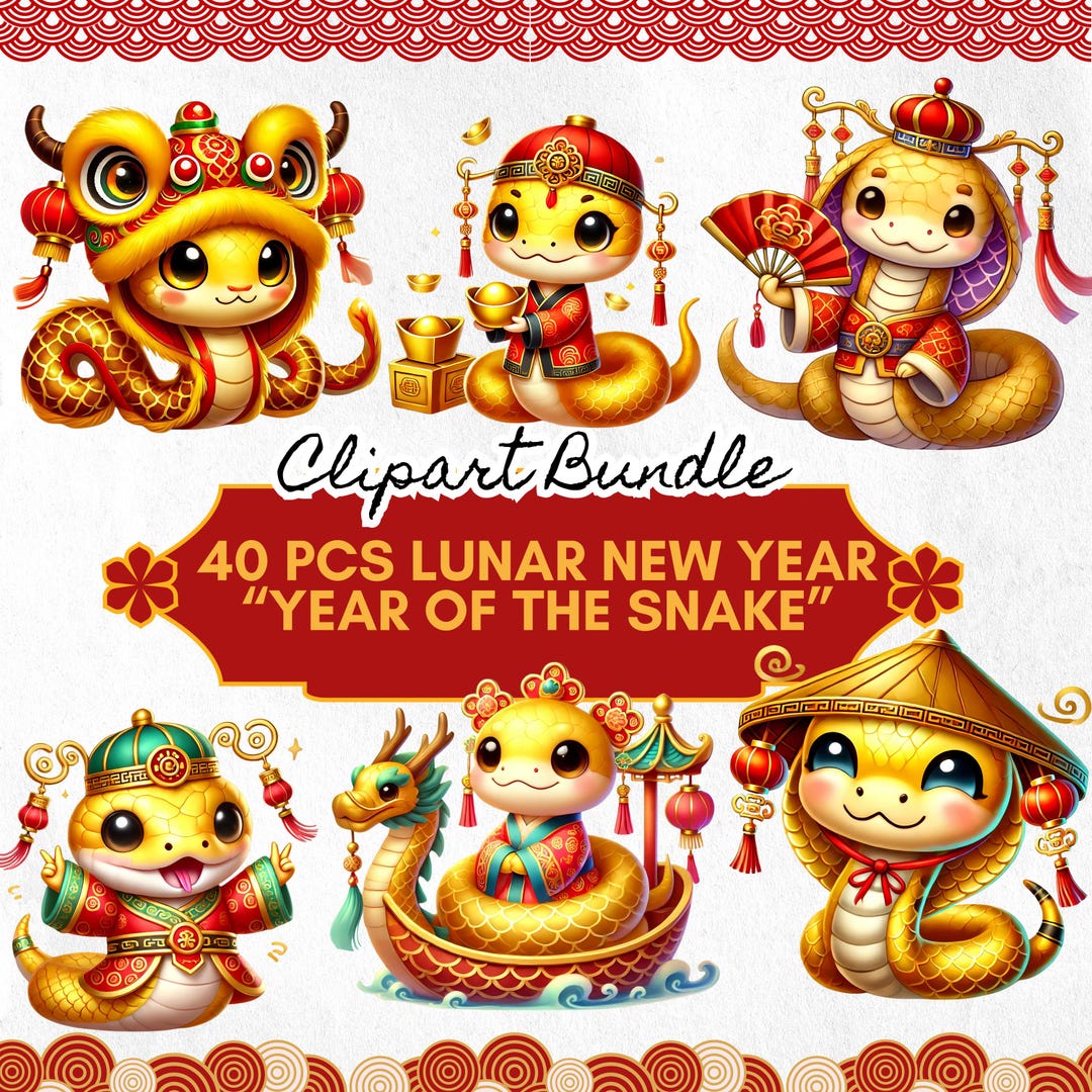 Year of the Snake Watercolor Clipart Bundle, Lunar New Year Snake Art ...