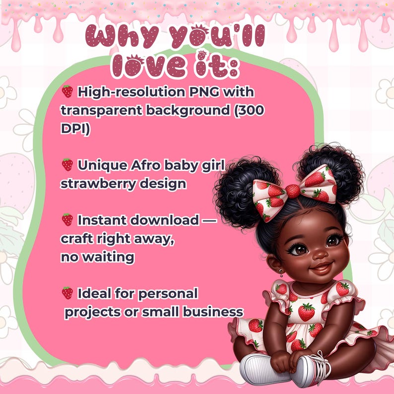 Strawberry Baby Girl Clipart: Pink Afro Baby Shower PNG, Cute African ...