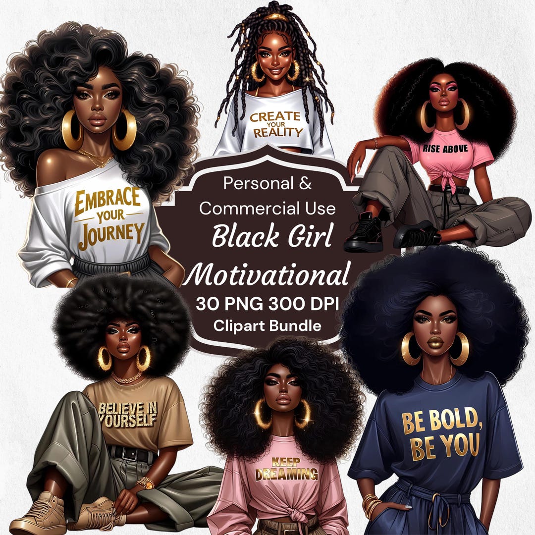 Afro Black Girl Clipart Bundle: Motivational PNG Graphics (digital ...