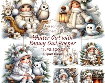 Winter Girl Clipart, Snowy Owl Keeper, High-quality 300 DPI Jpegs ...