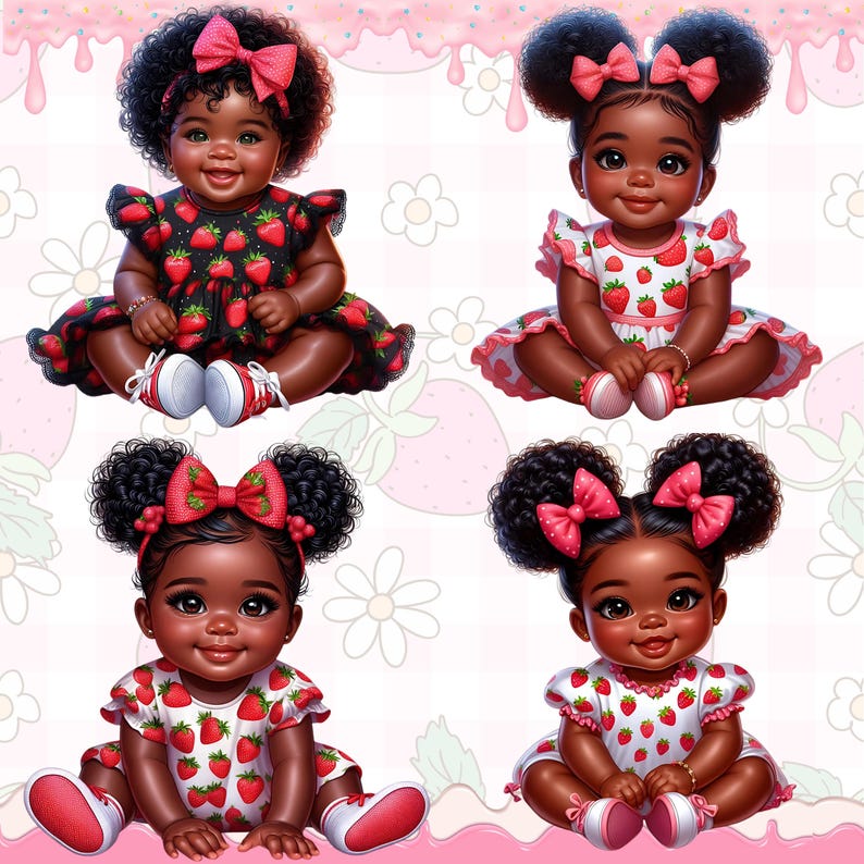 Strawberry Baby Girl Clipart: Pink Afro Baby Shower PNG, Cute African ...